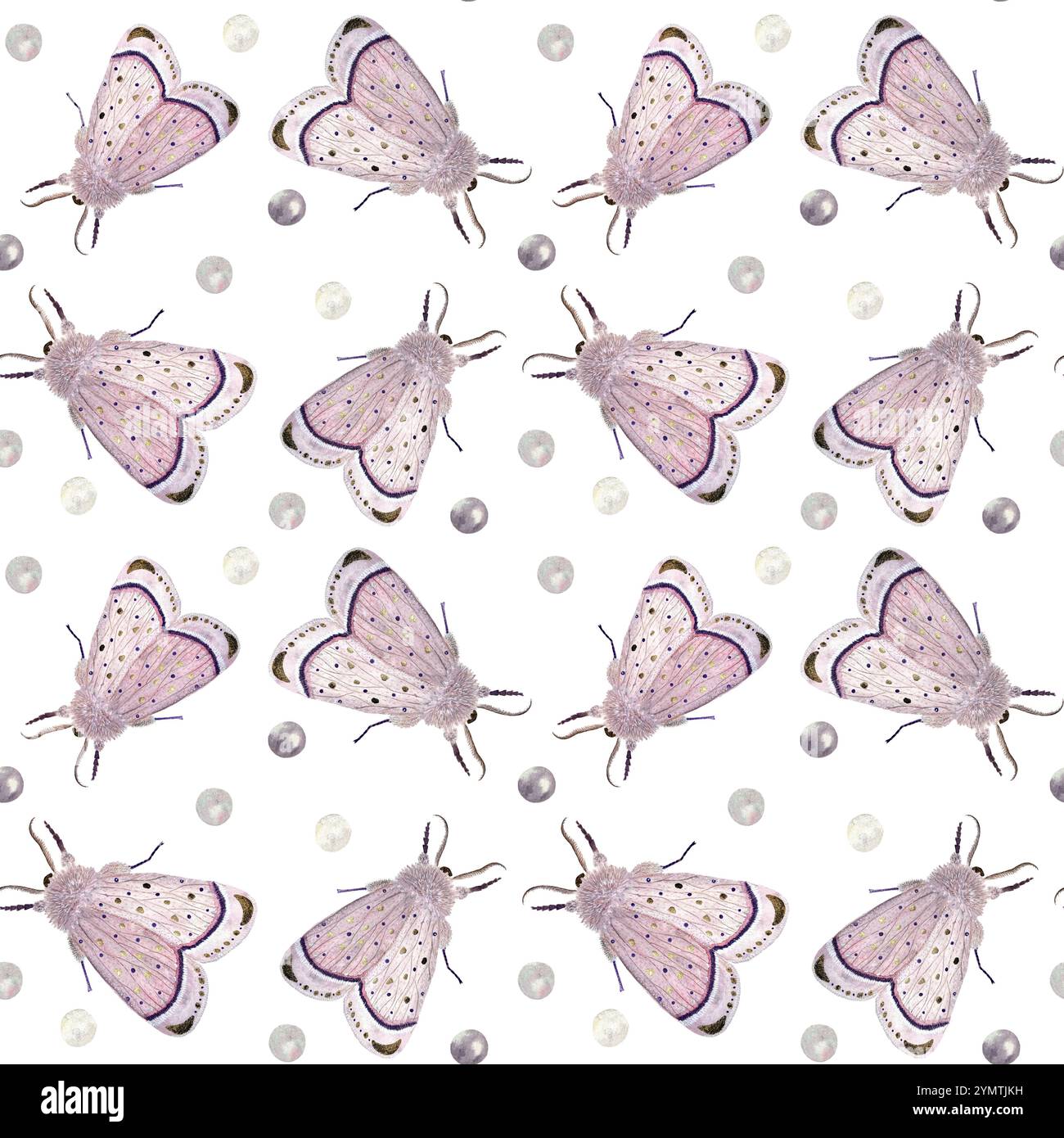Pink moths and pearls seamless pattern isolated on white. High quality ...