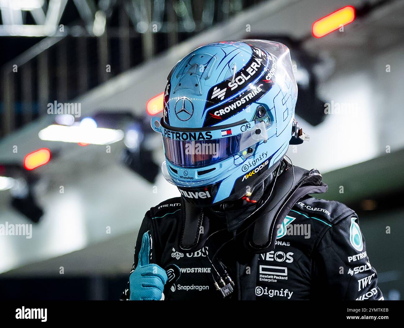 LAS VEGAS - George Russell (Mercedes) reacts after taking pole position ...