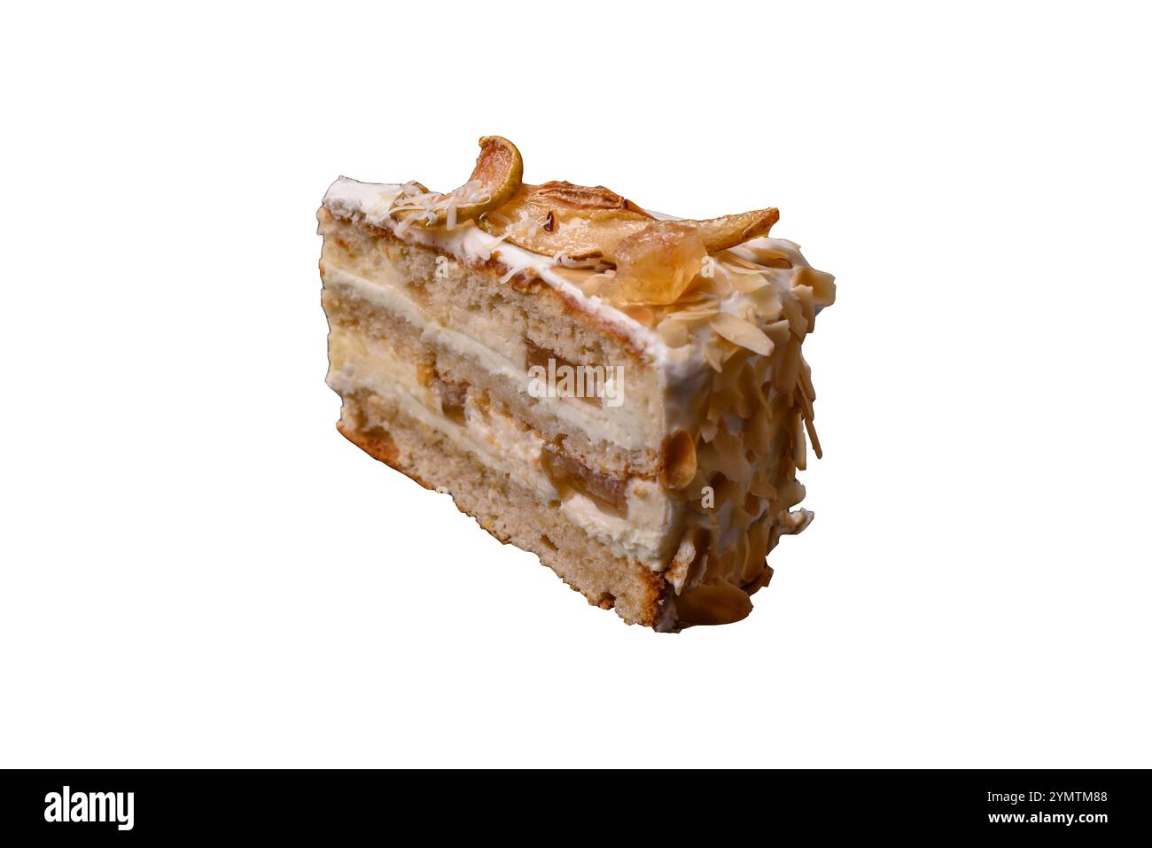 Layered sweet cake with cream, pear and dorblu cheese on a white ...
