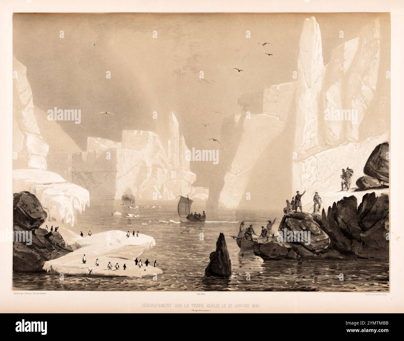 Lithograph of French explorer Dumont d'Urville landing on Adélie Land ...