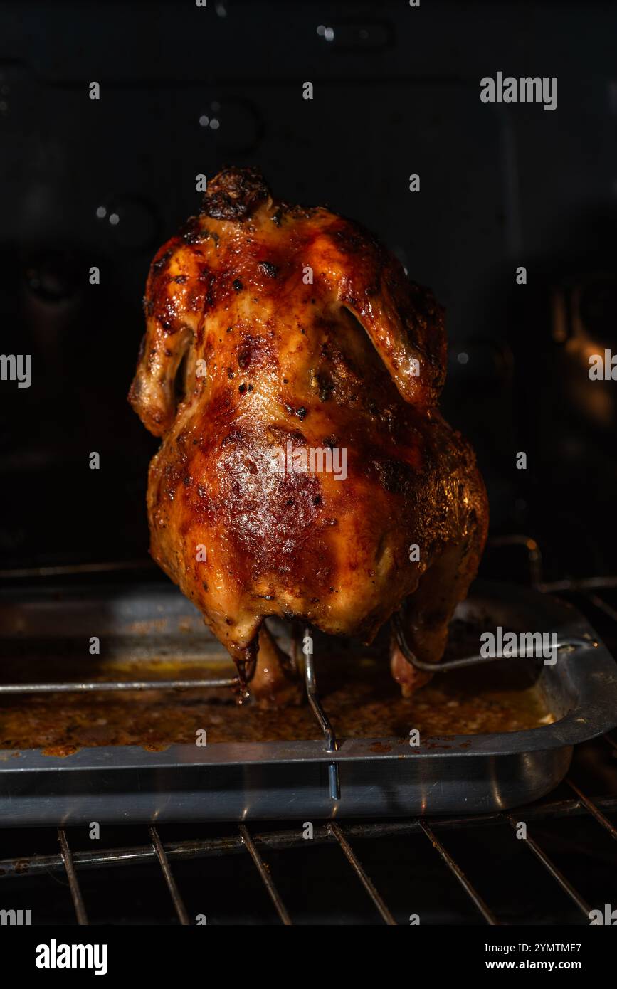 Whole chicken roasted inside oven on chicken stand up stainless stand ...