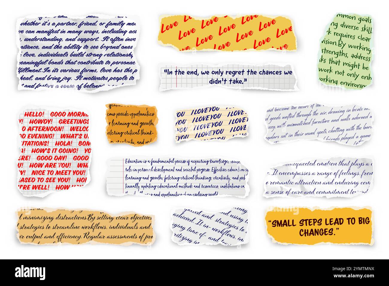 Ripped paper strips with handwritten text. Realistic crumpled paper ...