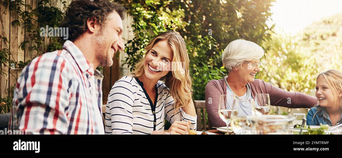 Happy, lunch and parents with children in backyard for brunch, supper and eating together ...