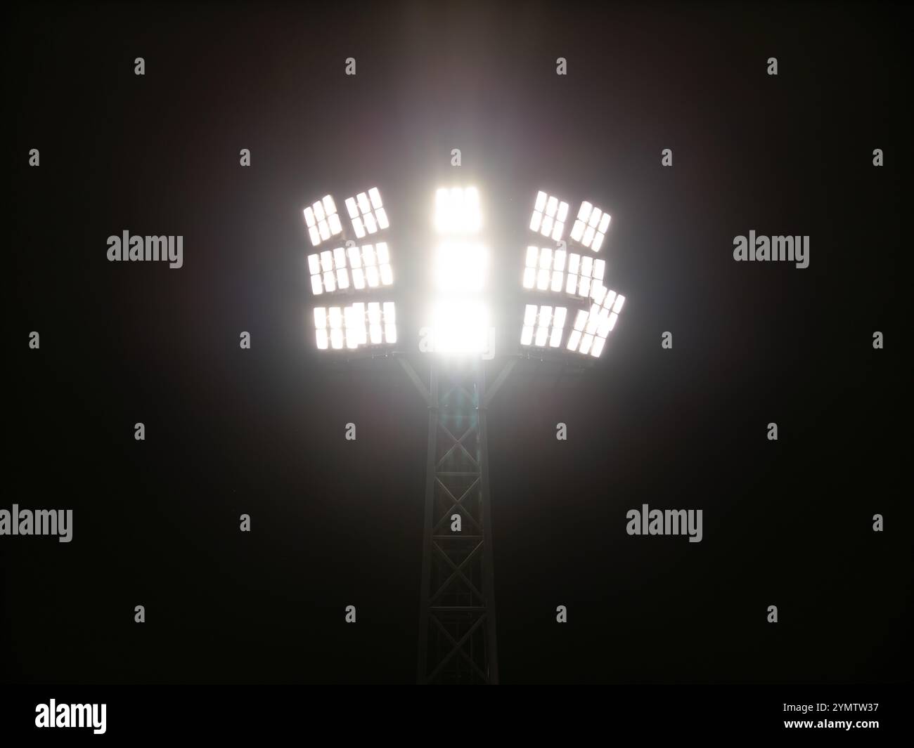 Soccer stadium lights reflectors with smoke and fog. Football field ...