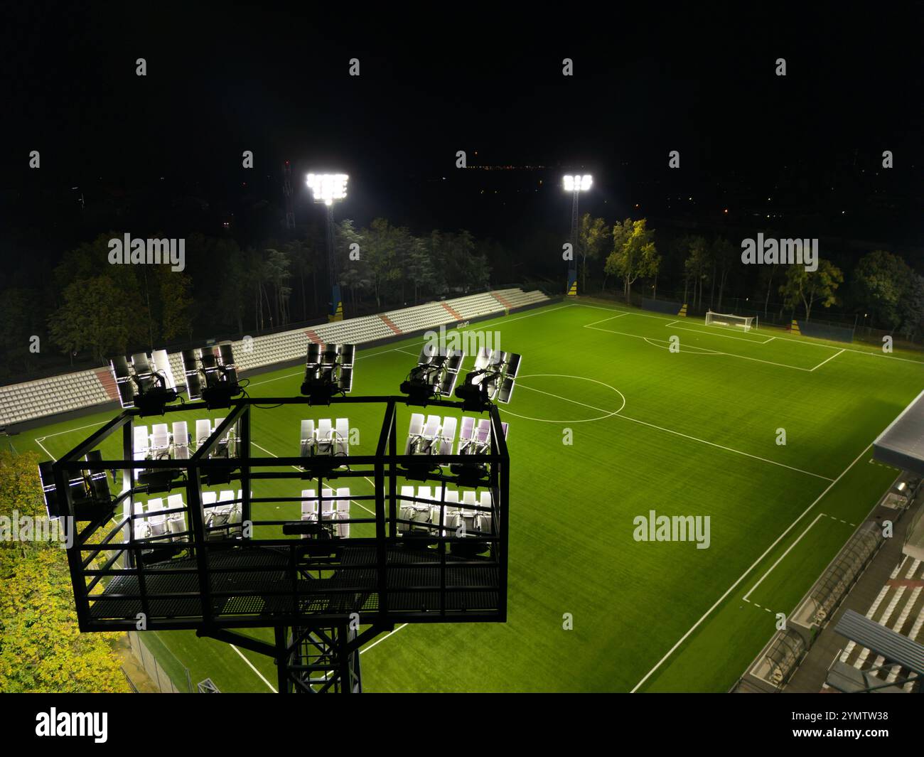 Soccer stadium lights reflectors with smoke and fog. Football field ...