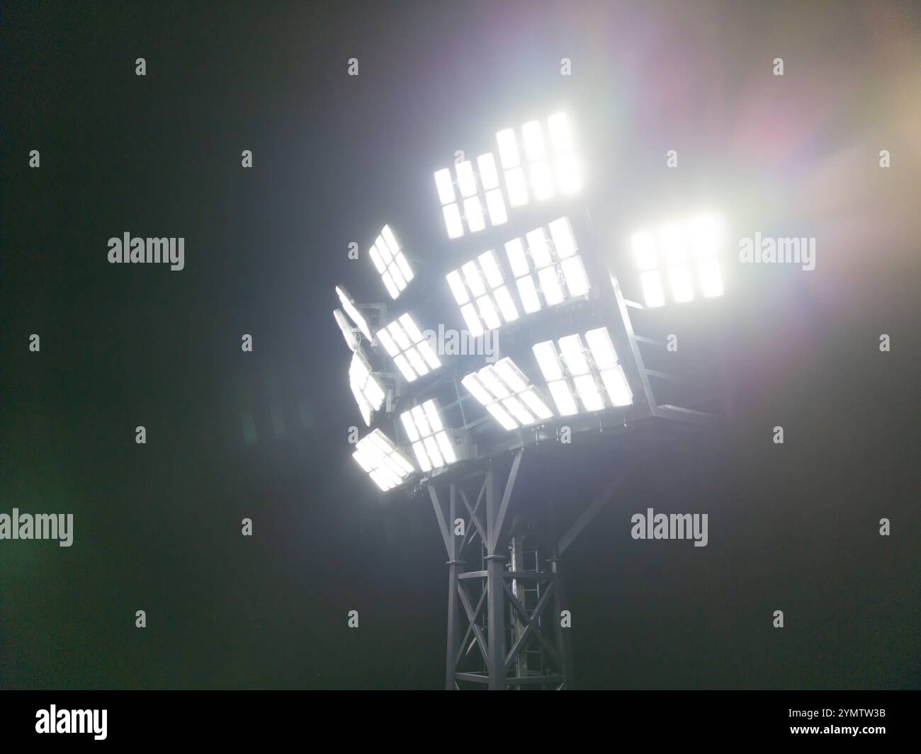 Soccer stadium lights reflectors with smoke and fog. Football field ...
