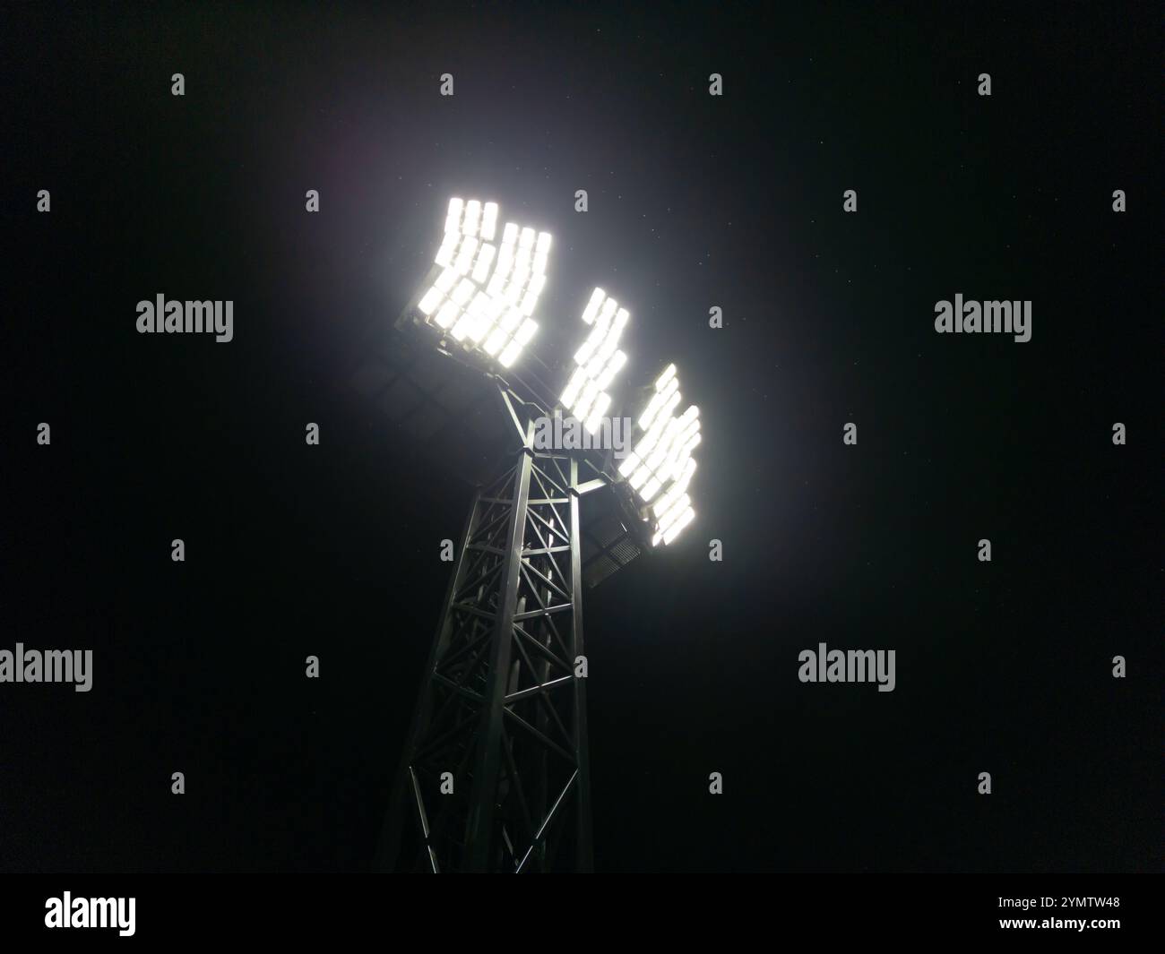 Soccer stadium lights reflectors with smoke and fog. Football field ...
