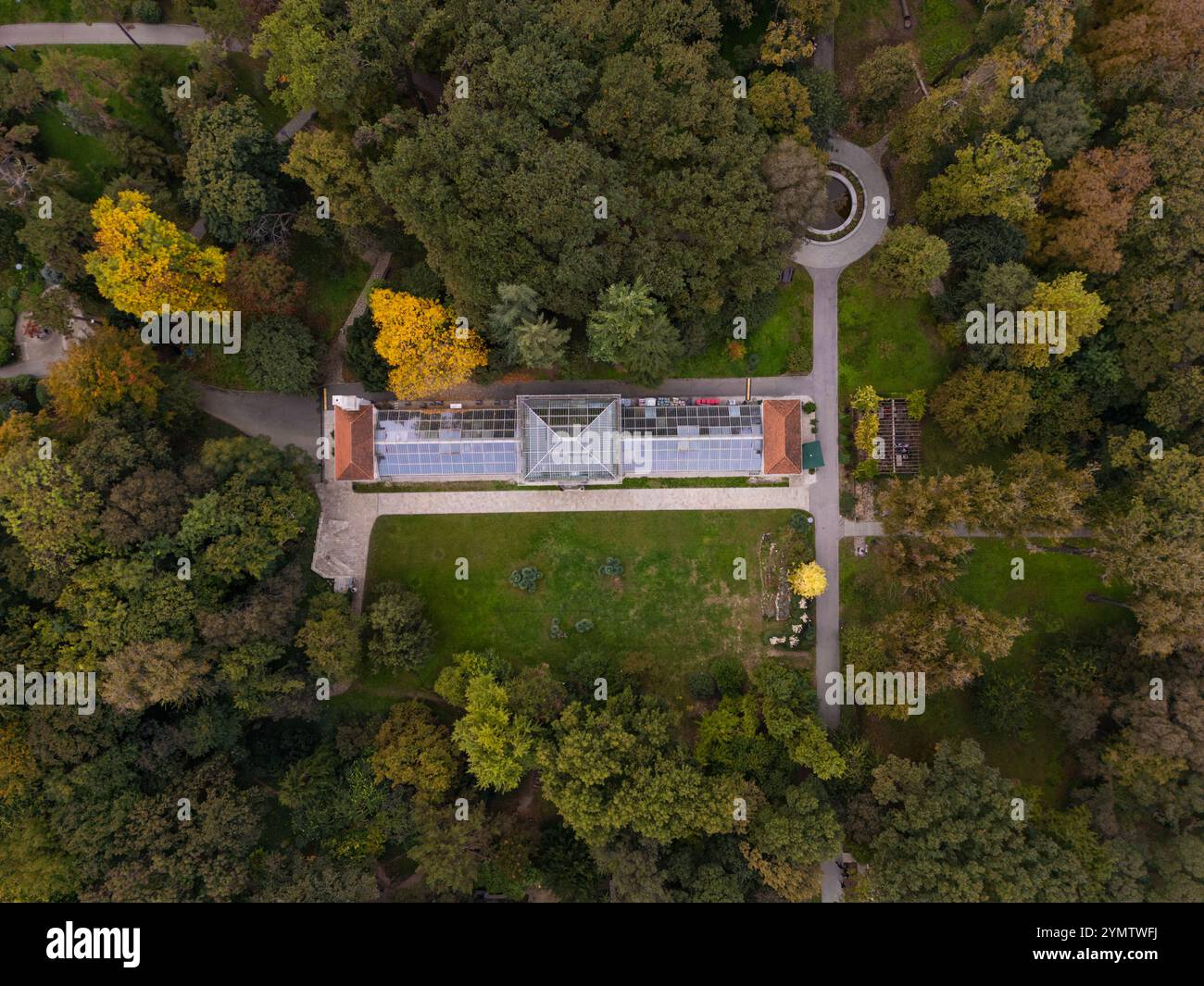 Aerial view of Glass house in Botanical garden "Jevremovac" in Belgrade ...