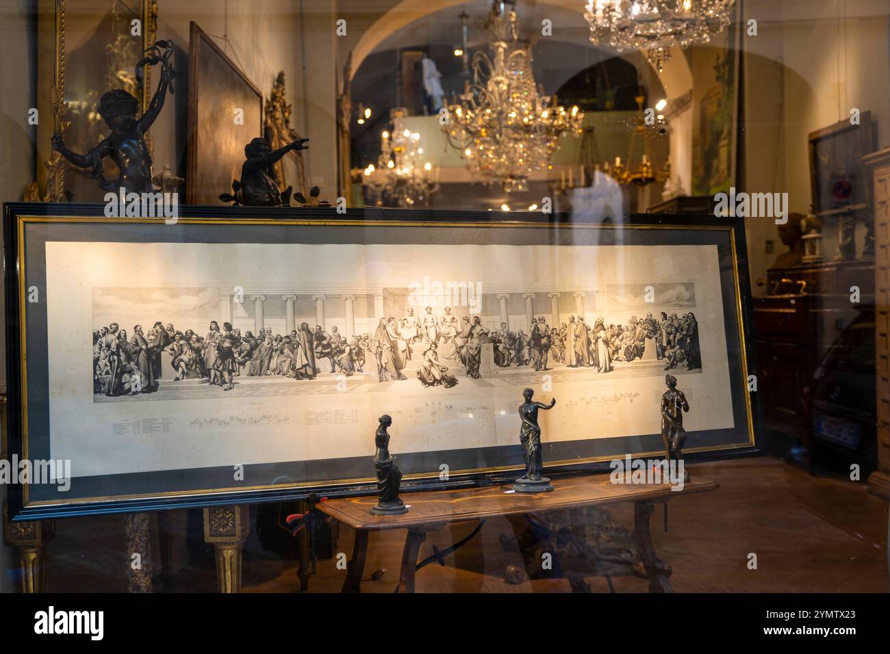 Shop window and interior of an antique store in Florence with old art ...