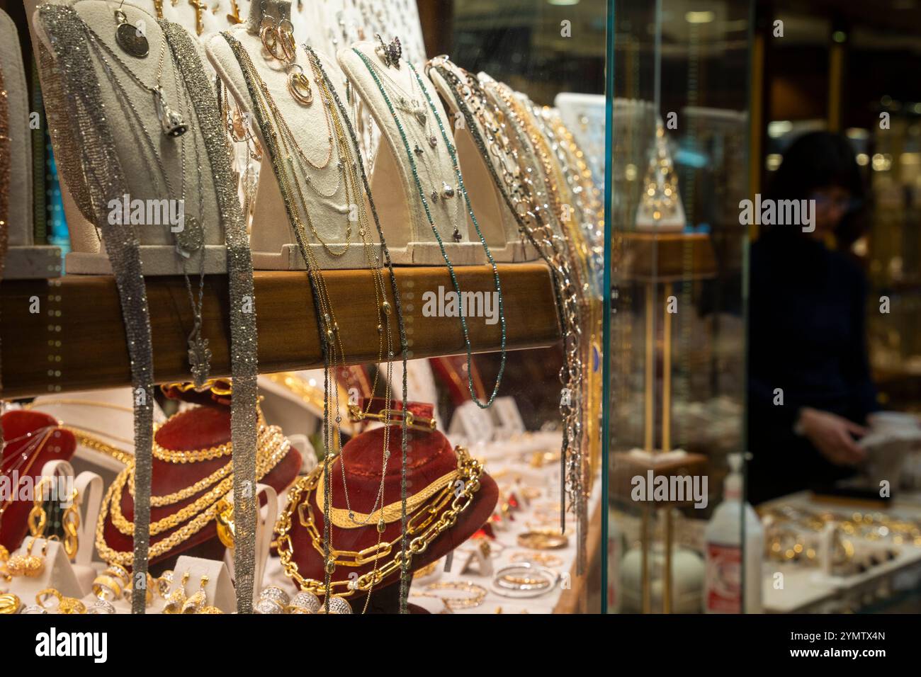 Showcase of a jewelry store on the Ponte Vecchio bridge.Jewelry gold necklaces rings bracelets ...
