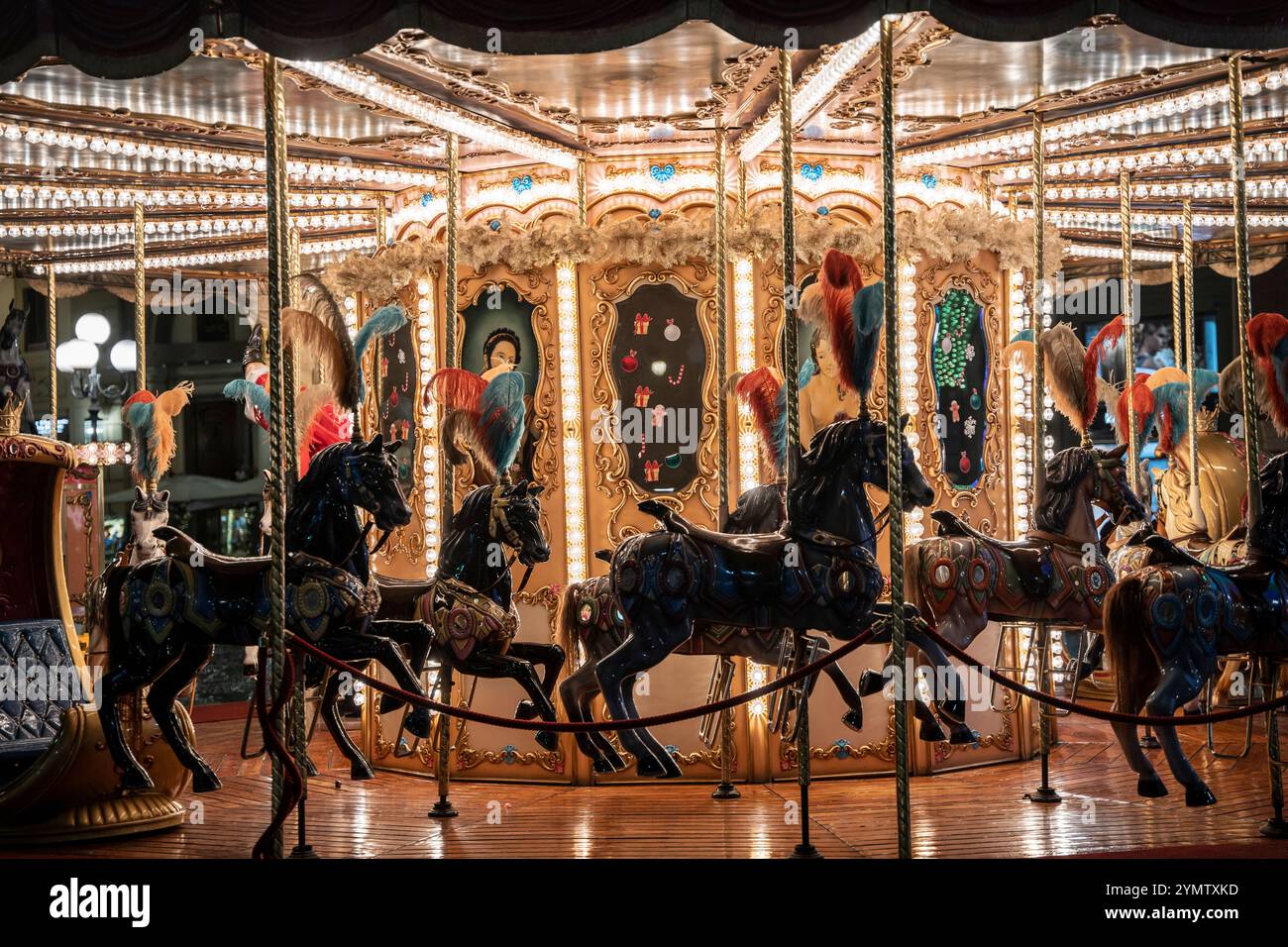 Carousel horses. Carousel at night in the Piazza della Repubblica ...
