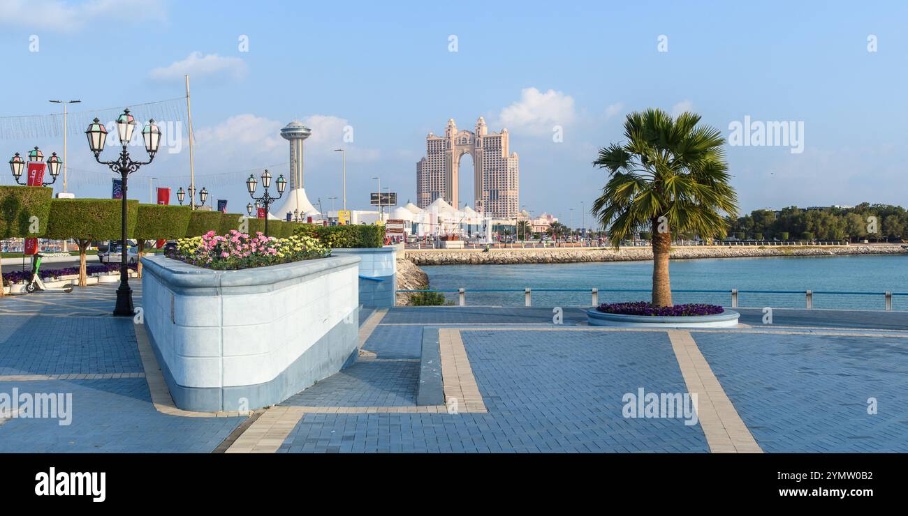 Abu Dhabi, UAE - January 4, 2024: Scenic waterfront promenade with ...