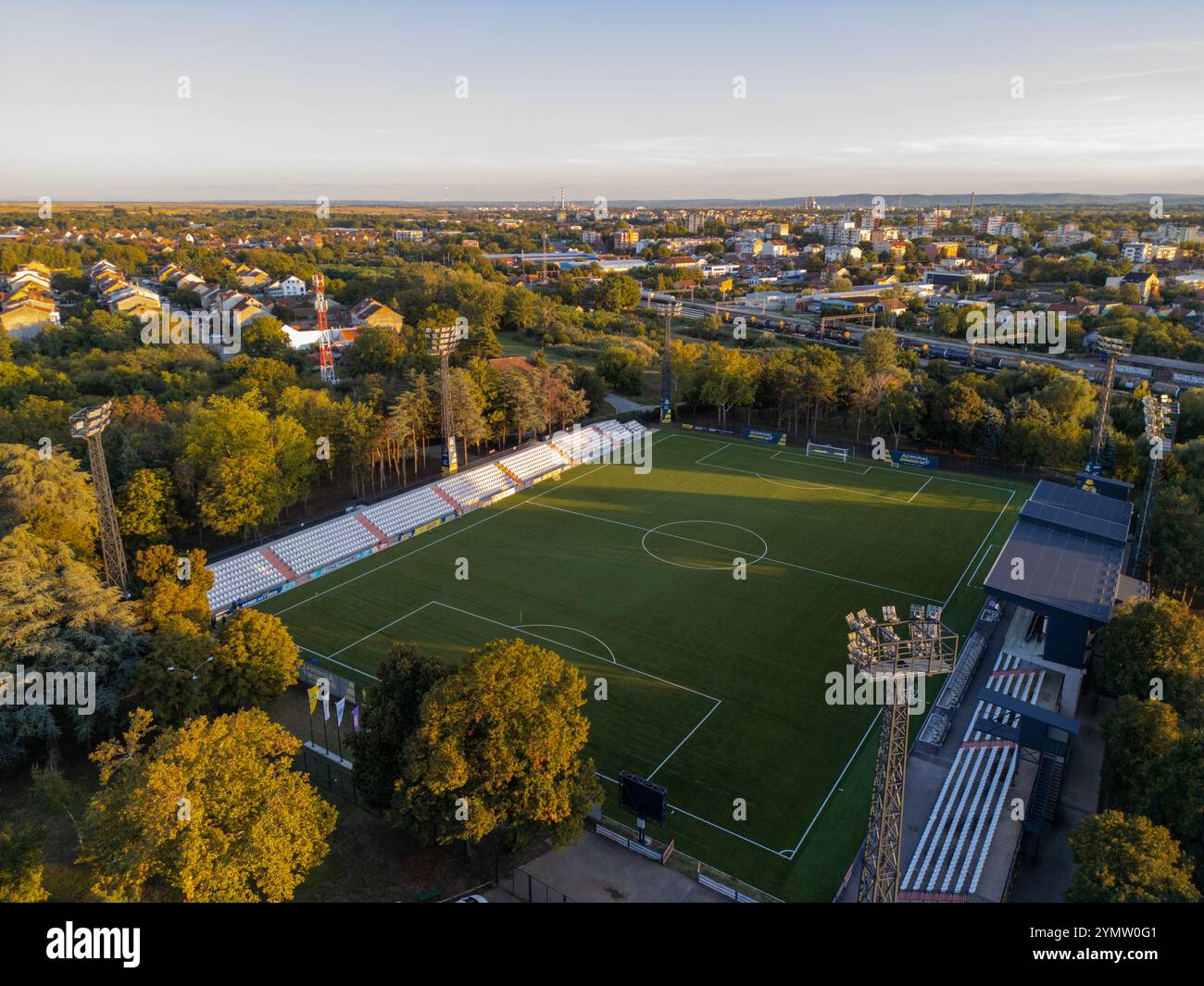 Photos of renovated stadium of FC Zeleznicar at sunset. Pancevo, Serbia ...