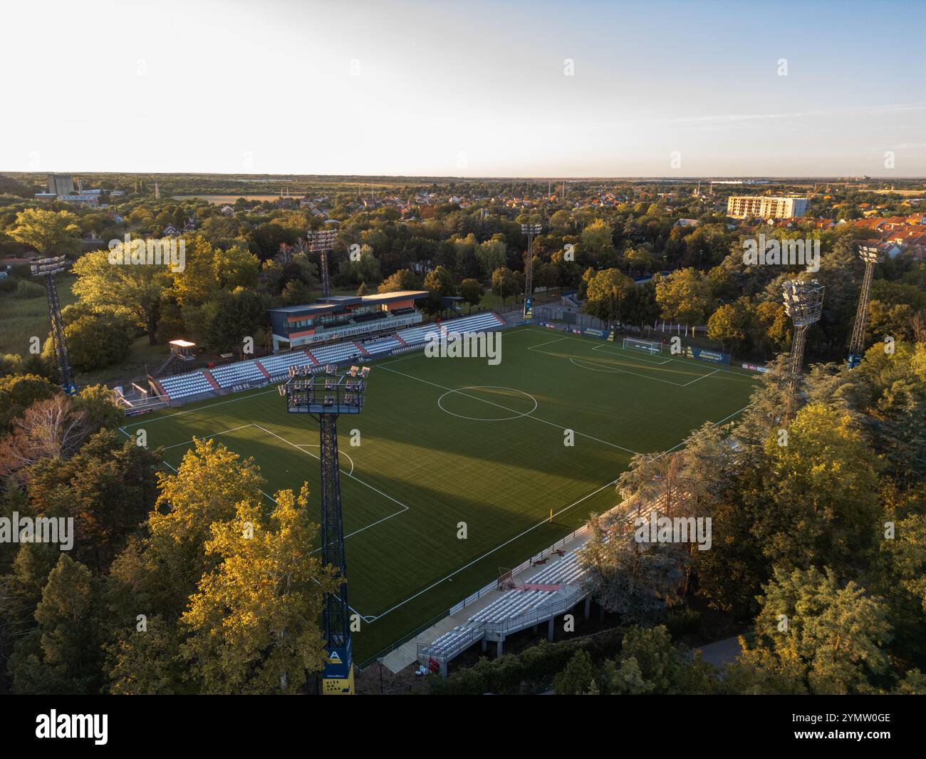Photos of renovated stadium of FC Zeleznicar at sunset. Pancevo, Serbia ...