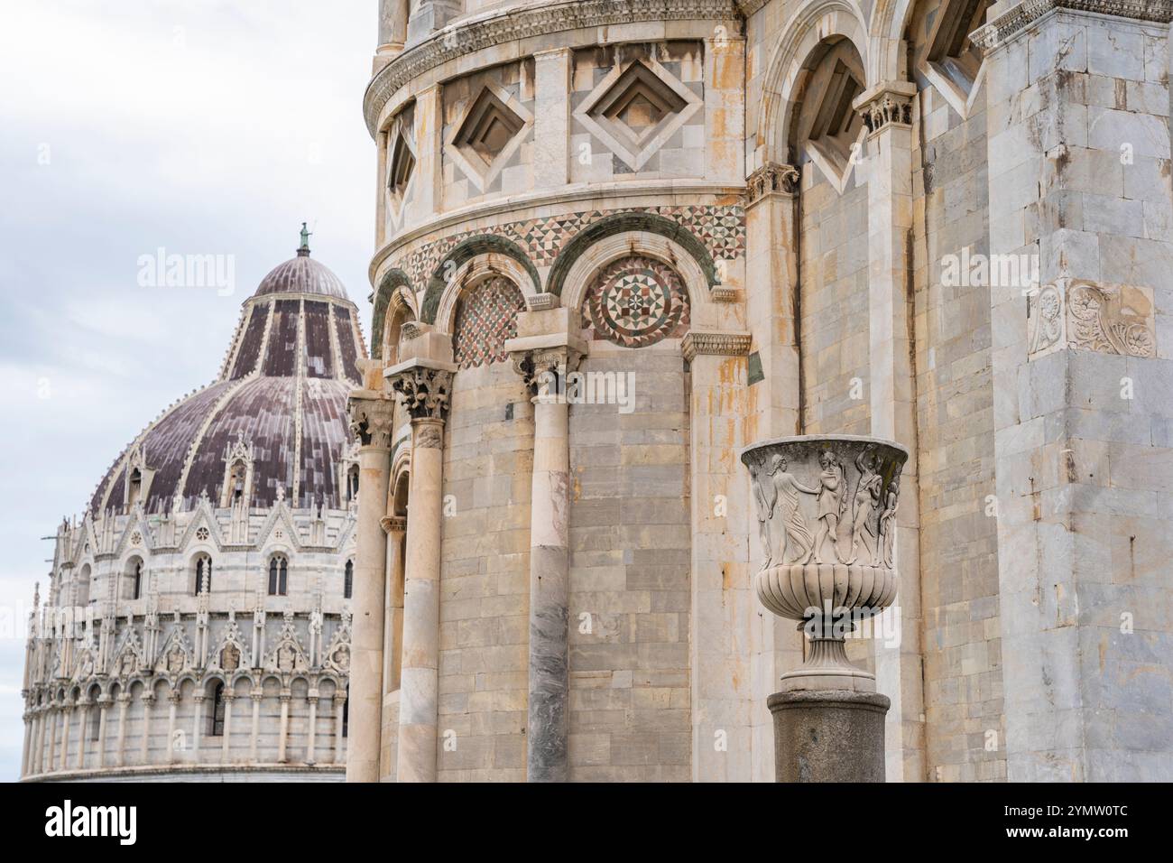Architectural details of facade and dome of medieval Pisa Cathedral in ...