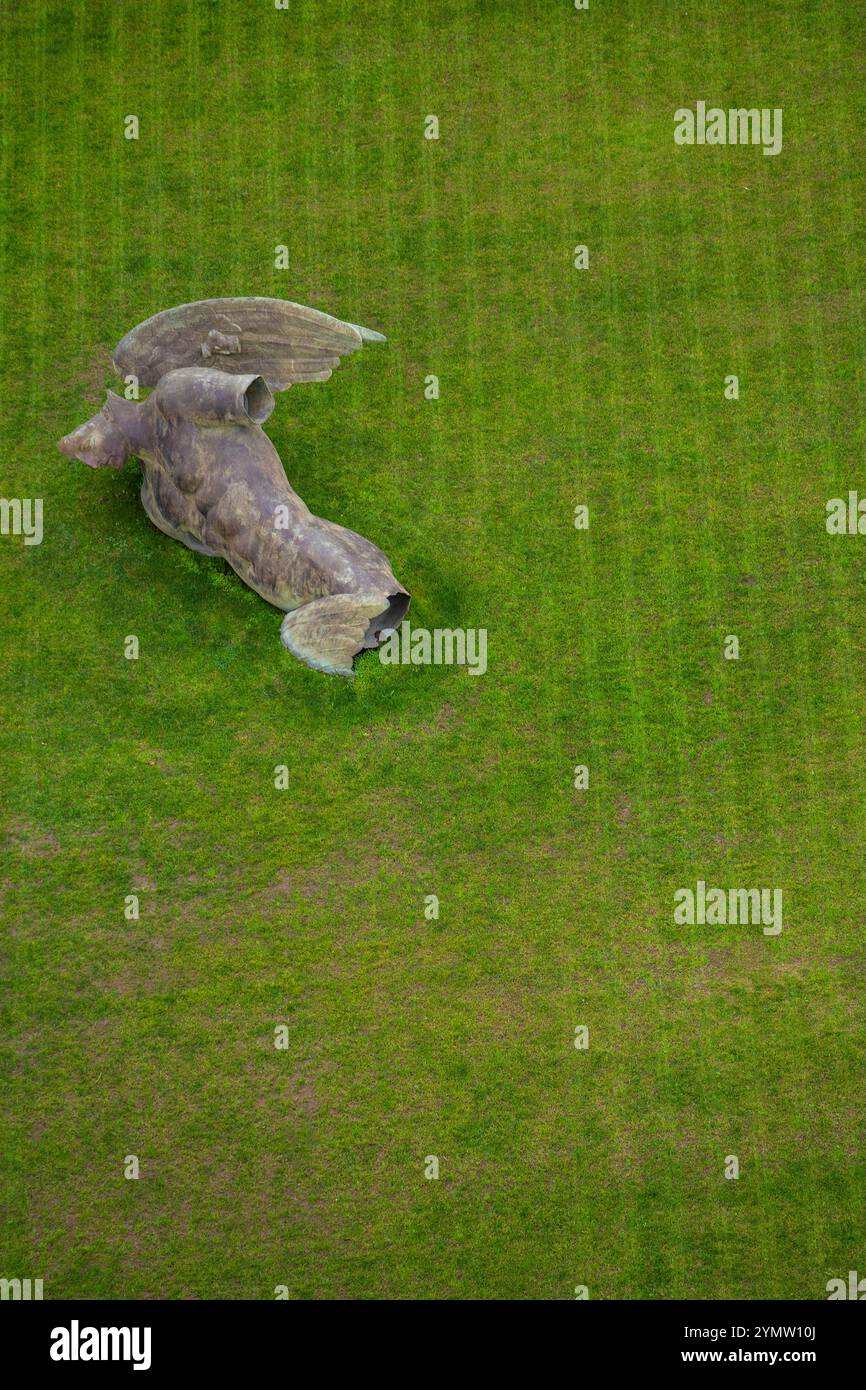 Aerial view from leaning tower of Pisa of bronze sculpture depicting a ...