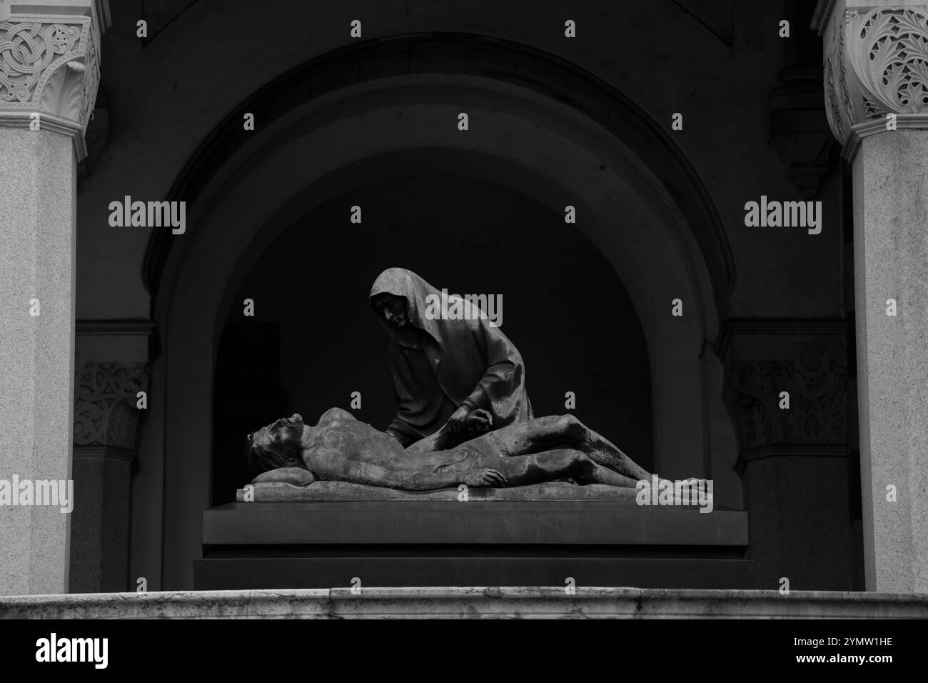 Closeup details of beautiful sculptures, monuments and tombstones in a ...