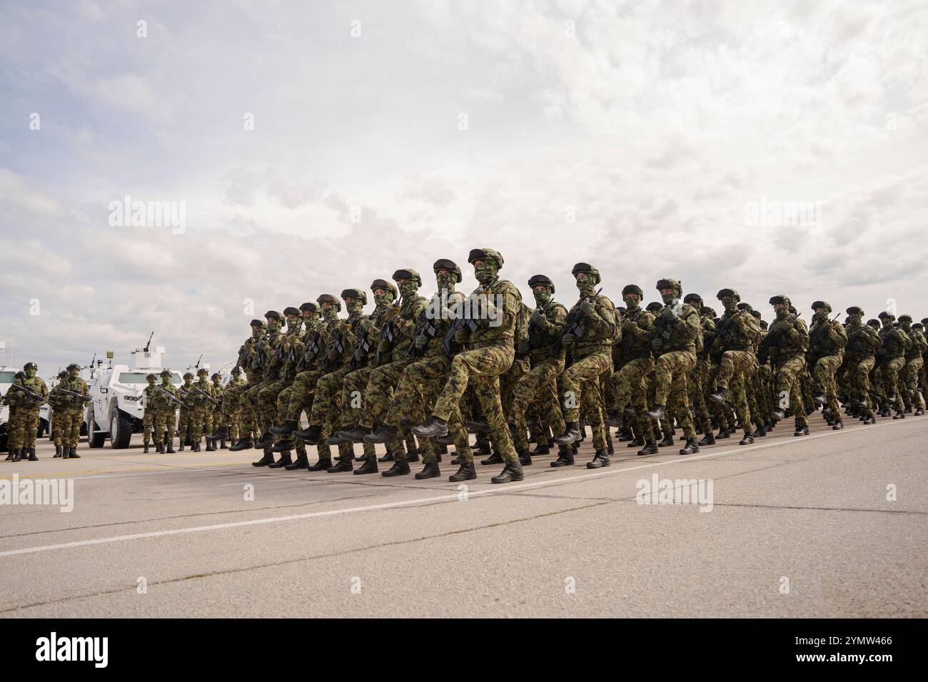 Presentation of Serbian Armed Forces. Rows of Soldiers with Modern Military Equipment Marching ...