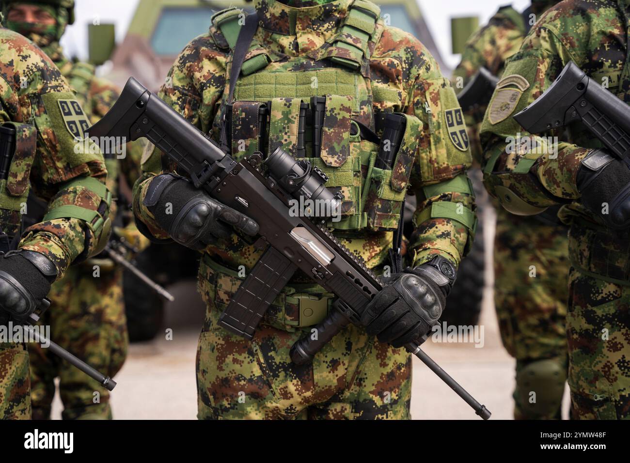 Presentation of Serbian Armed Forces. Rows of Soldiers with Modern ...