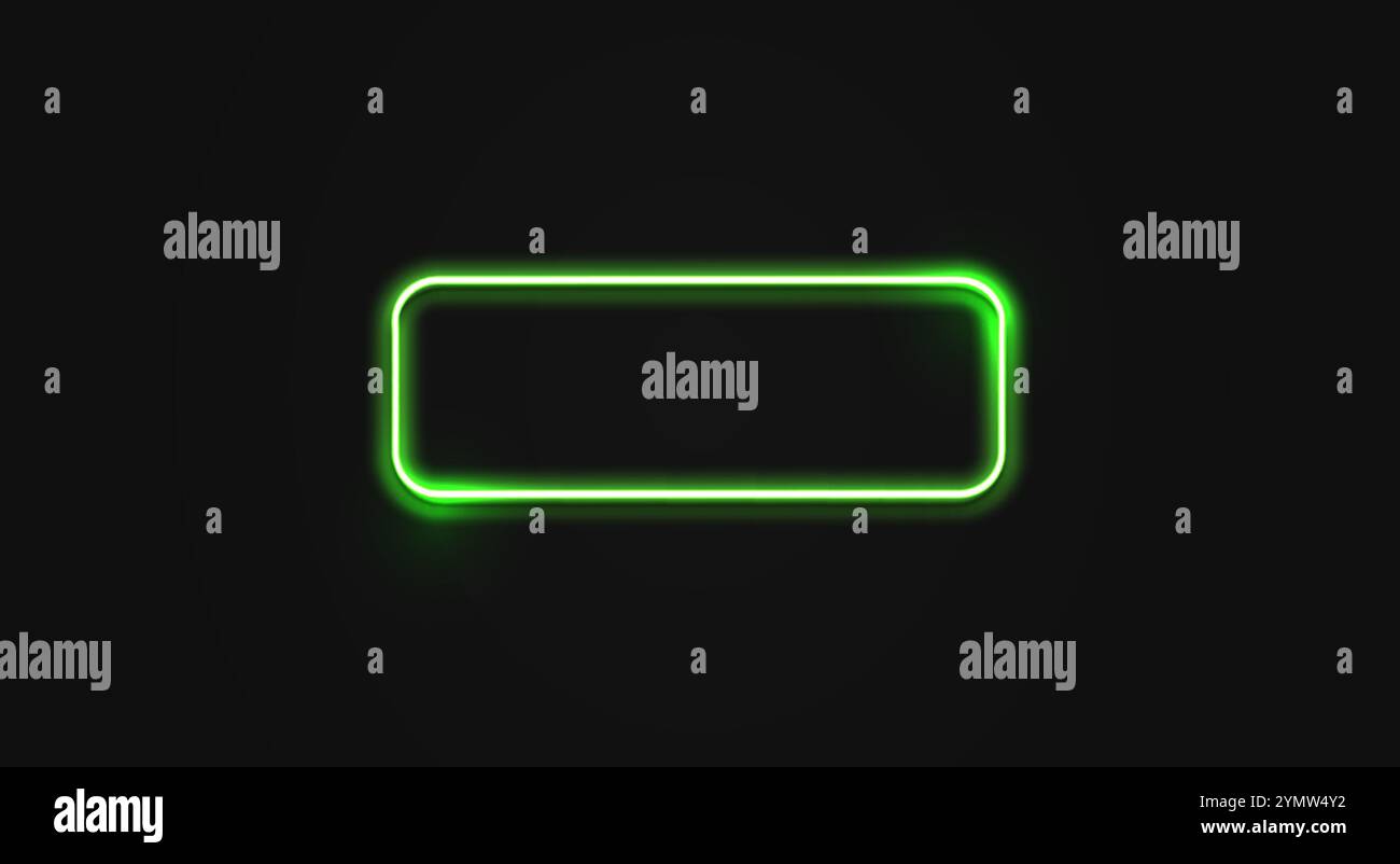 Neon frame green rectangle set. Glowing colorful rectangular border. Geometric shape action UI ...