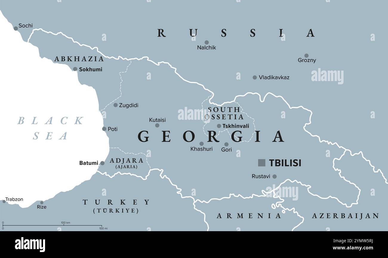 Georgia with capital Tbilisi, gray political map. Country in Eastern ...