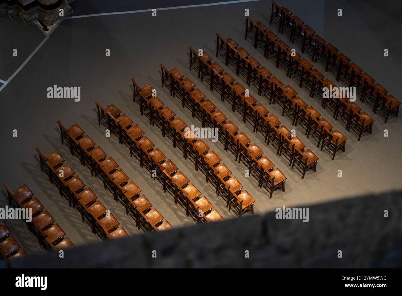 Top view of row of chairs in Duomo di Siena, a medieval church ...