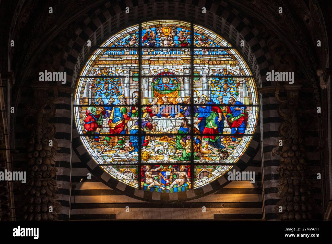 Stained glass window in Museo dell Opera Duomo that is Museum of Cathedral in Siena, Tuscany ...