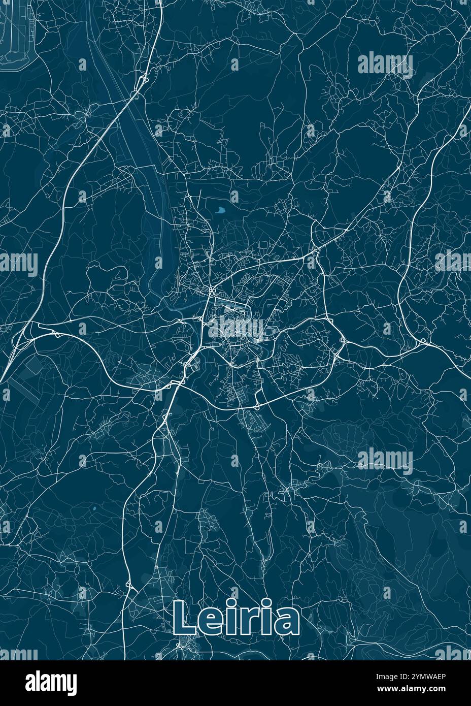 A detailed map of Leiria, Portugal, rendered in a minimalist style. The ...