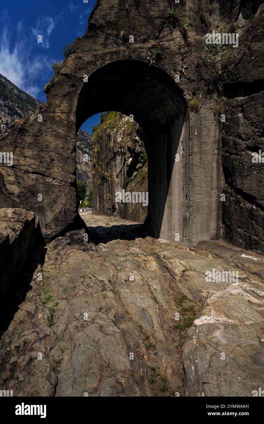 Roman civil engineering at Donnas, Aosta Valley, Italy: arch cut ...