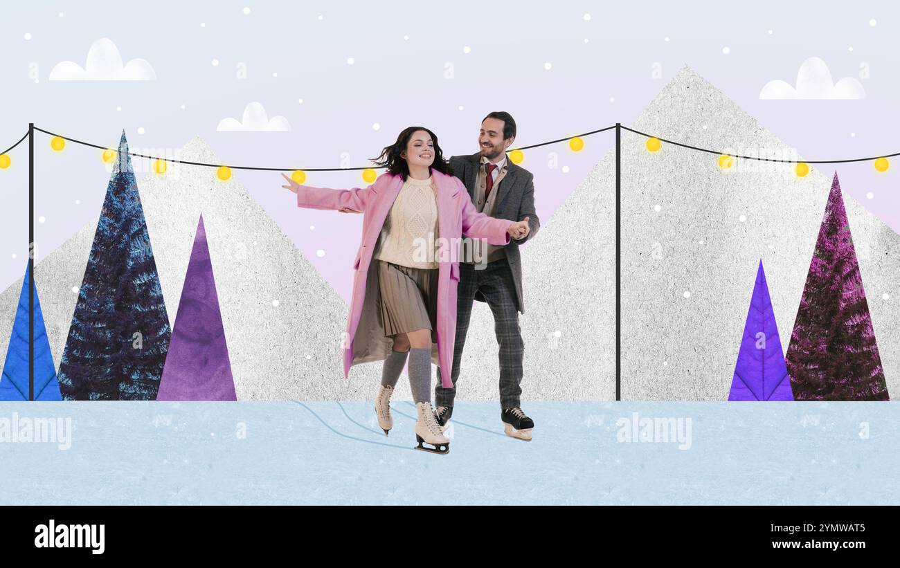 Happy young couple enjoying ice skating together under decorative ...