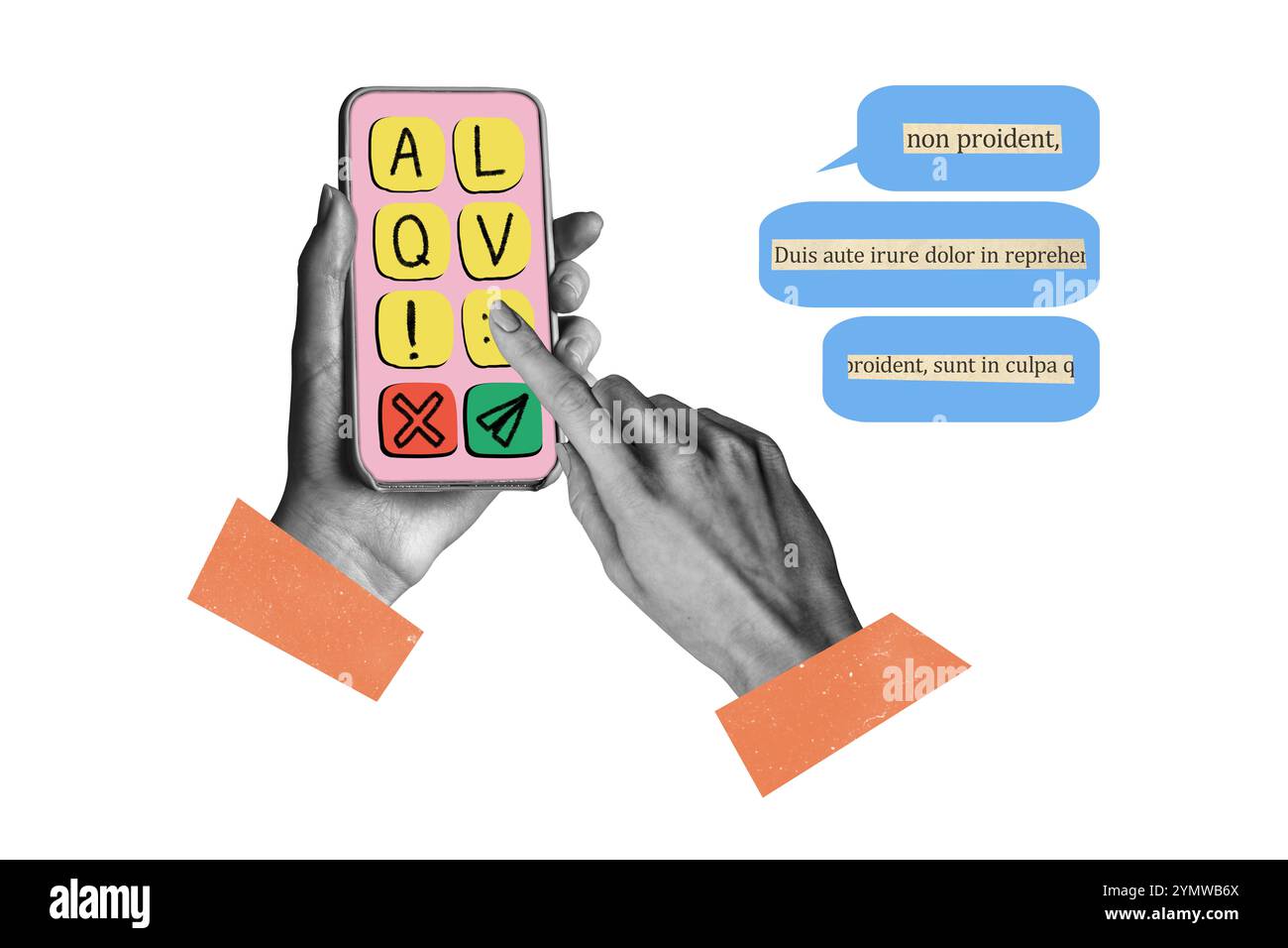 Composite photo collage of hands hold phone index finger push buttons ...