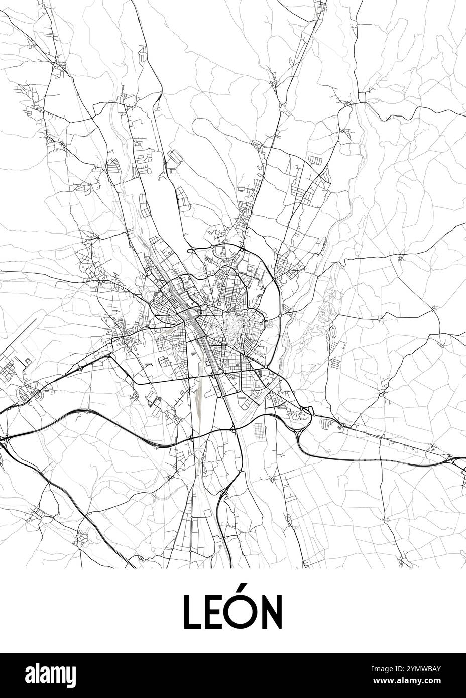 A detailed black and white map of the city of León, Spain. The map ...
