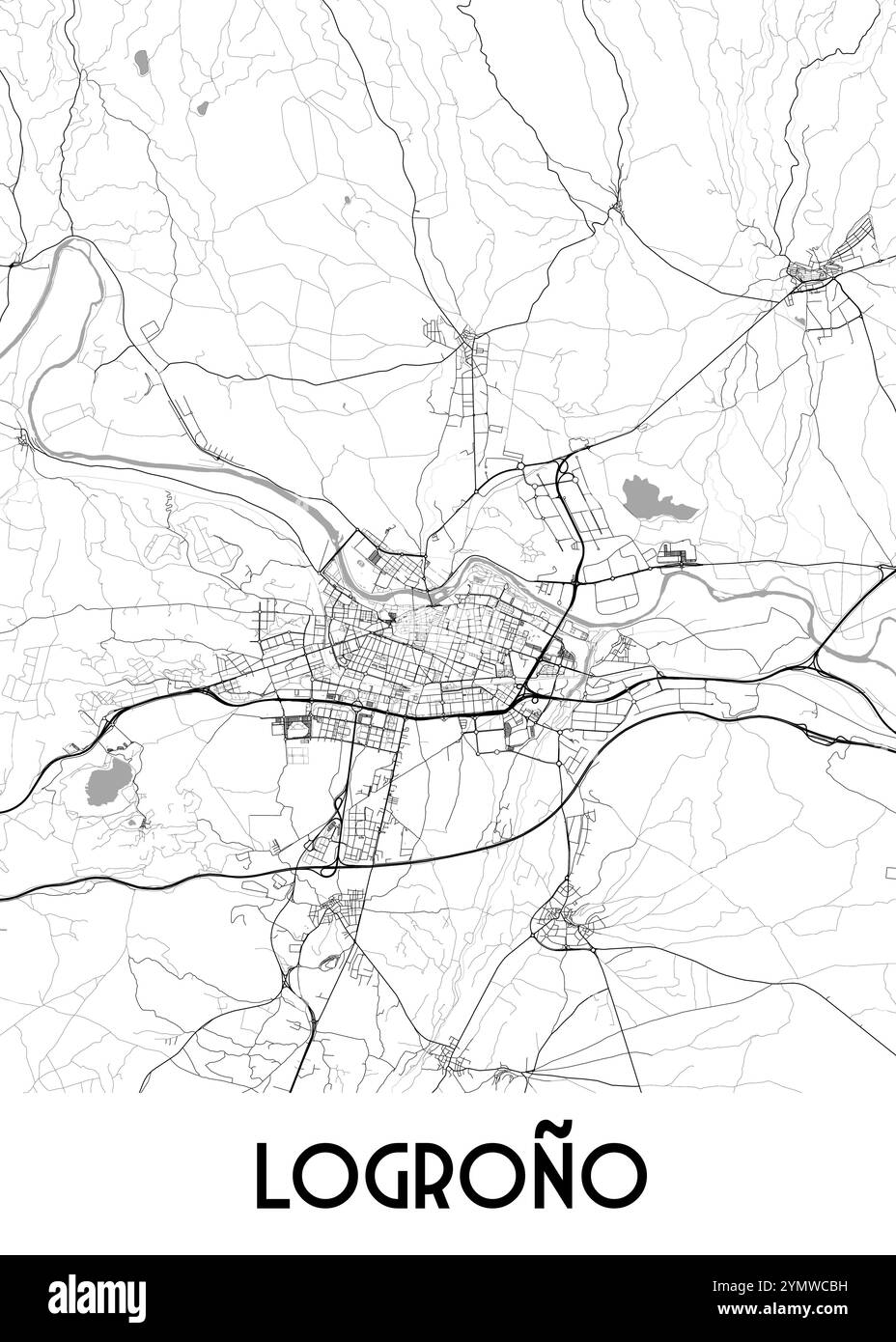 The image showcases a detailed black and white map of Logroño, Spain ...
