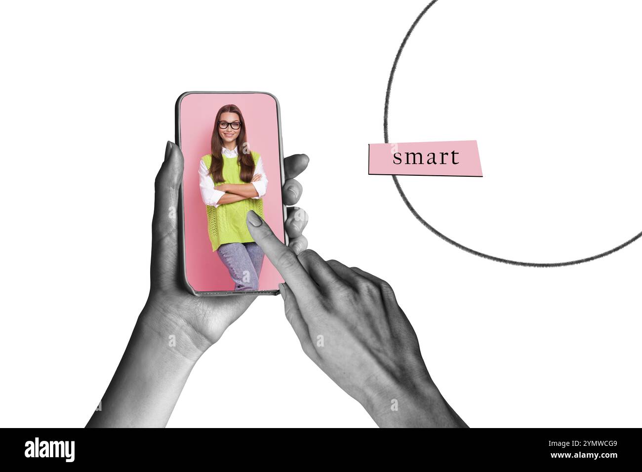 Composite photo collage of happy girl gpt chat app helper technology ...