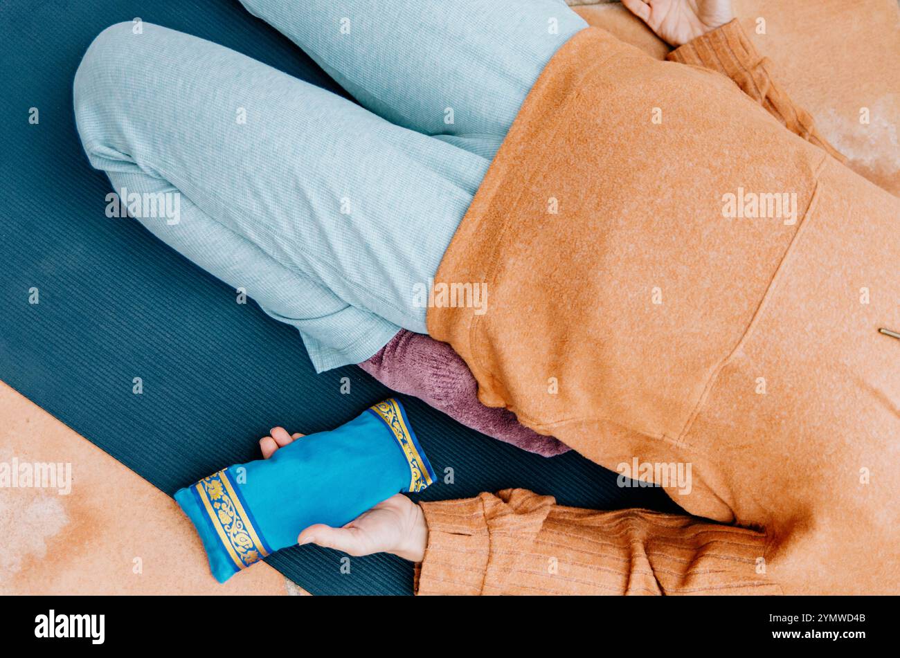 Details of woman in relaxing yin yoga pose on outdoor terrace Stock ...