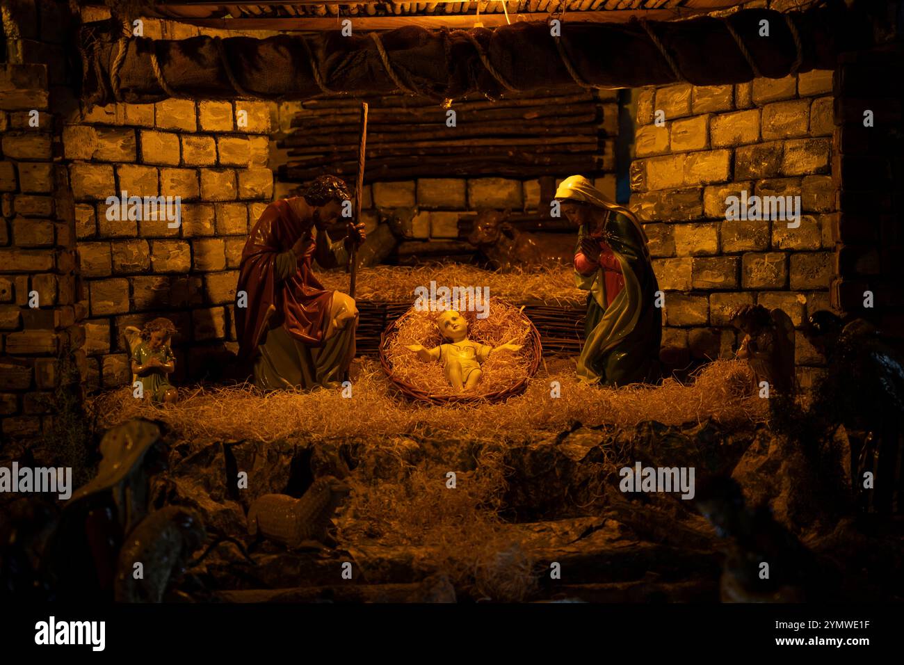 The holy family Christ child Christmas crib Christmas nativity scene birth of baby Jesus Mother ...