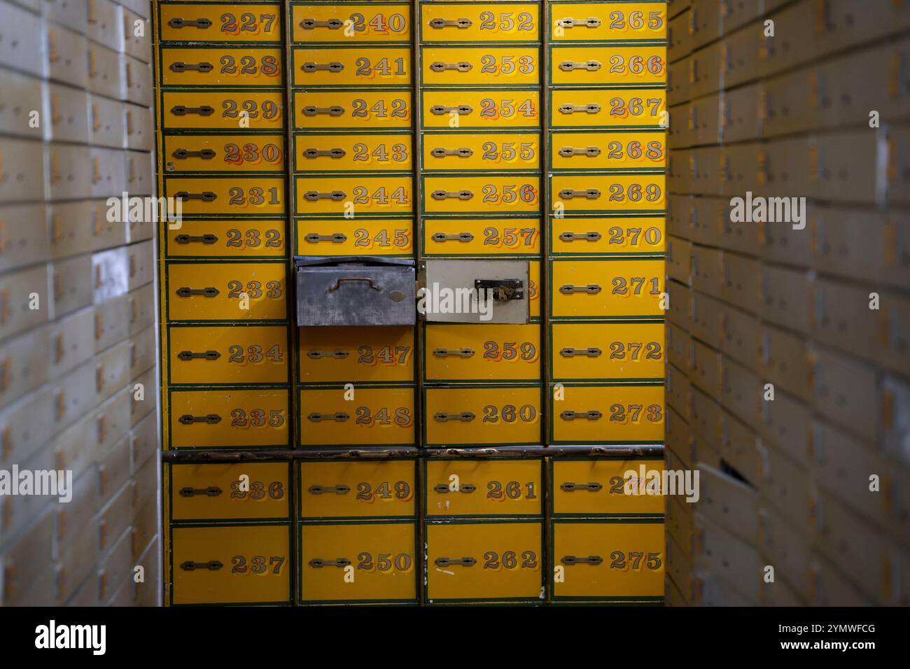 Safe deposit boxes room inside of a old bank vault. A concept of ...