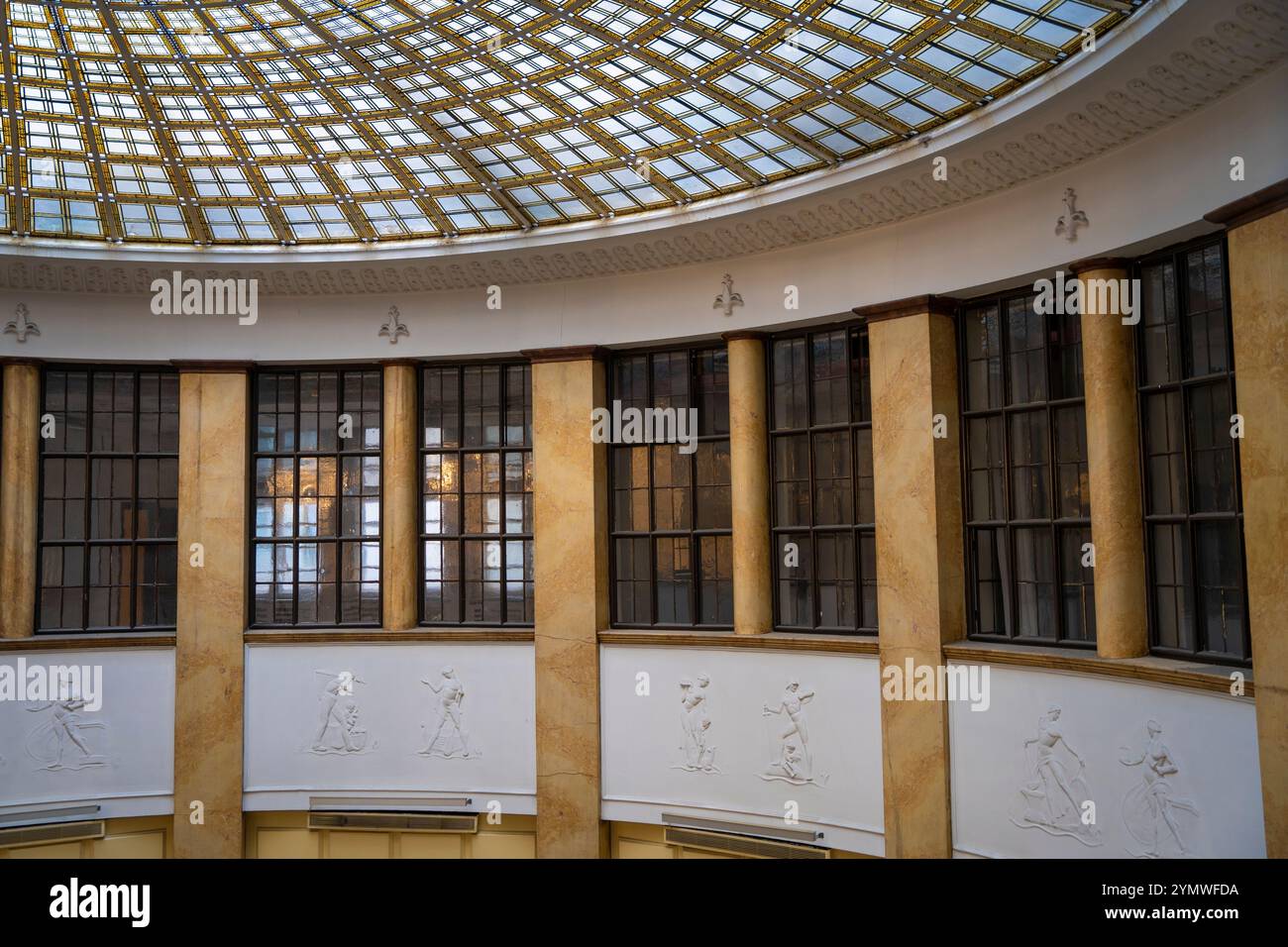 Interior view of the beautiful decorated glass Dome ceiling in old ...