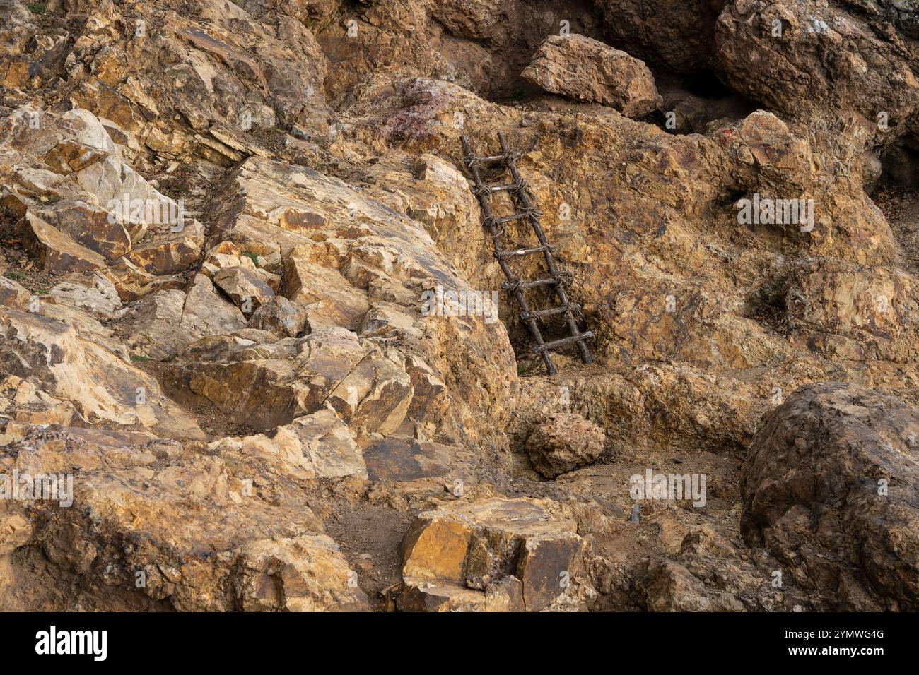 Wooden ladder on Rudnik mountain quarry Stock Photo - Alamy