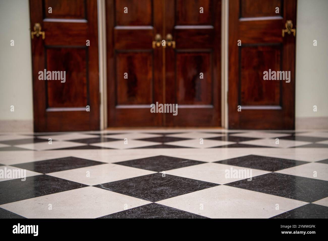 Wooden doors at the end of hall with black and white tails Stock Photo ...