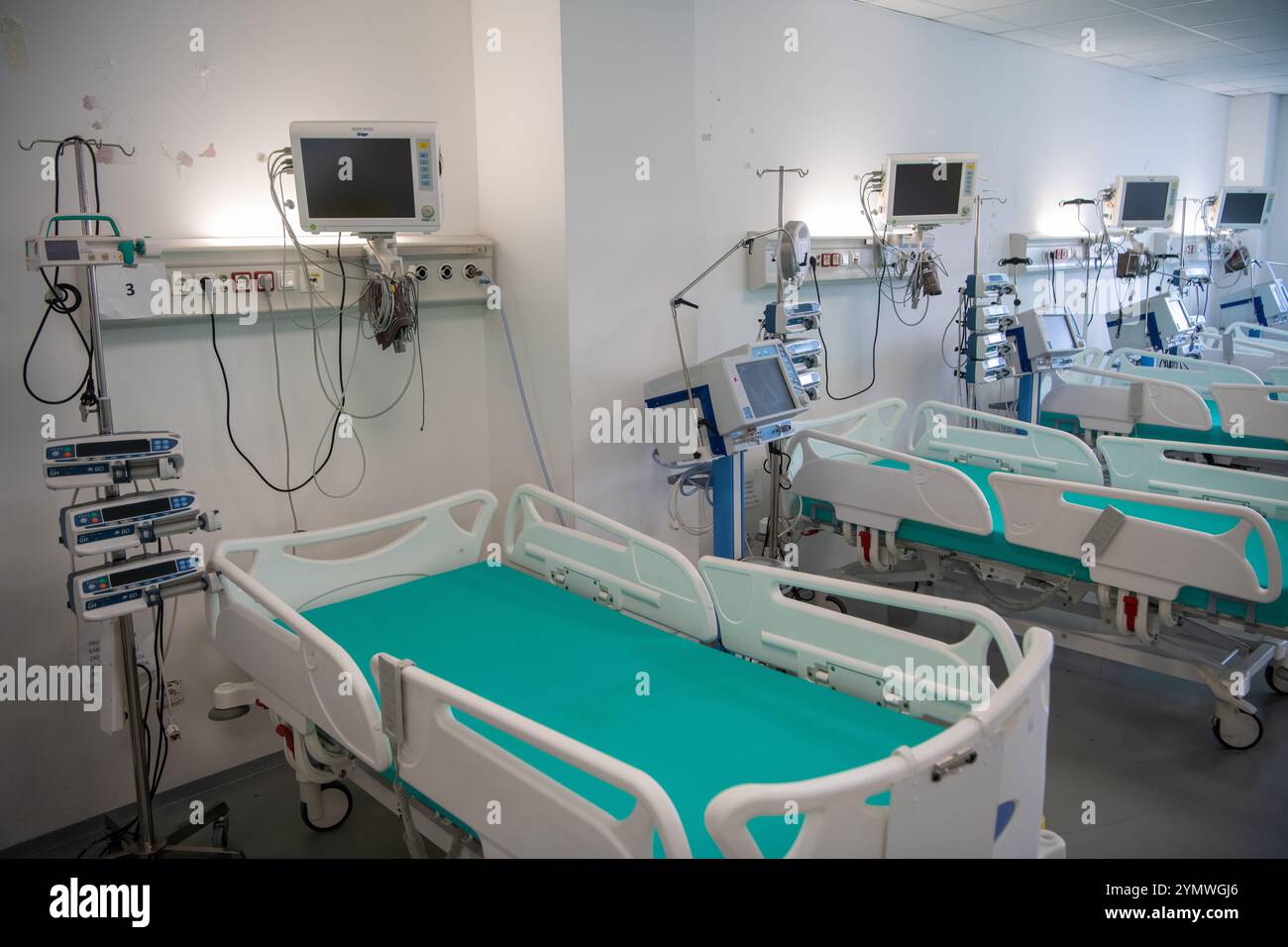 Modern technology in empty intensive care unit room with different ...