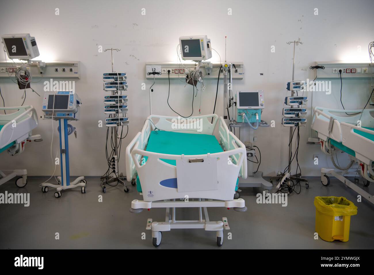 Modern technology in empty intensive care unit room with different ...