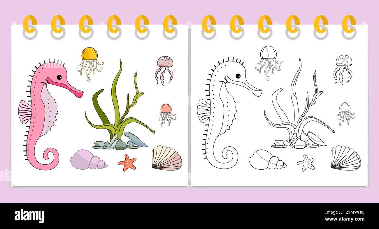 Coloring book Vector Illustration Seaweed Seahorse Shells Starfish ...