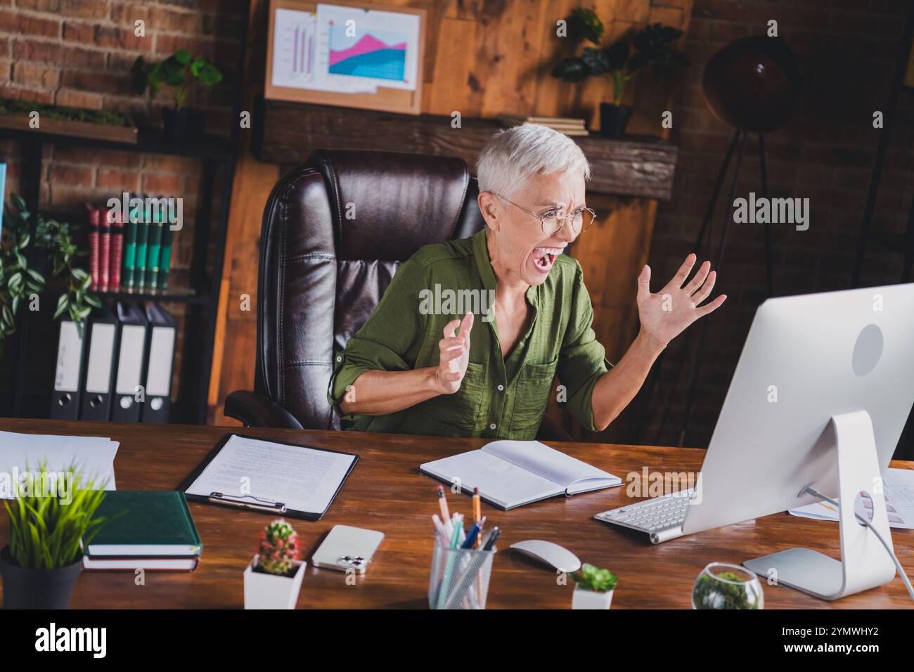 Photo of furious mad lady dressed shirt eyewear loud scream workplace ...
