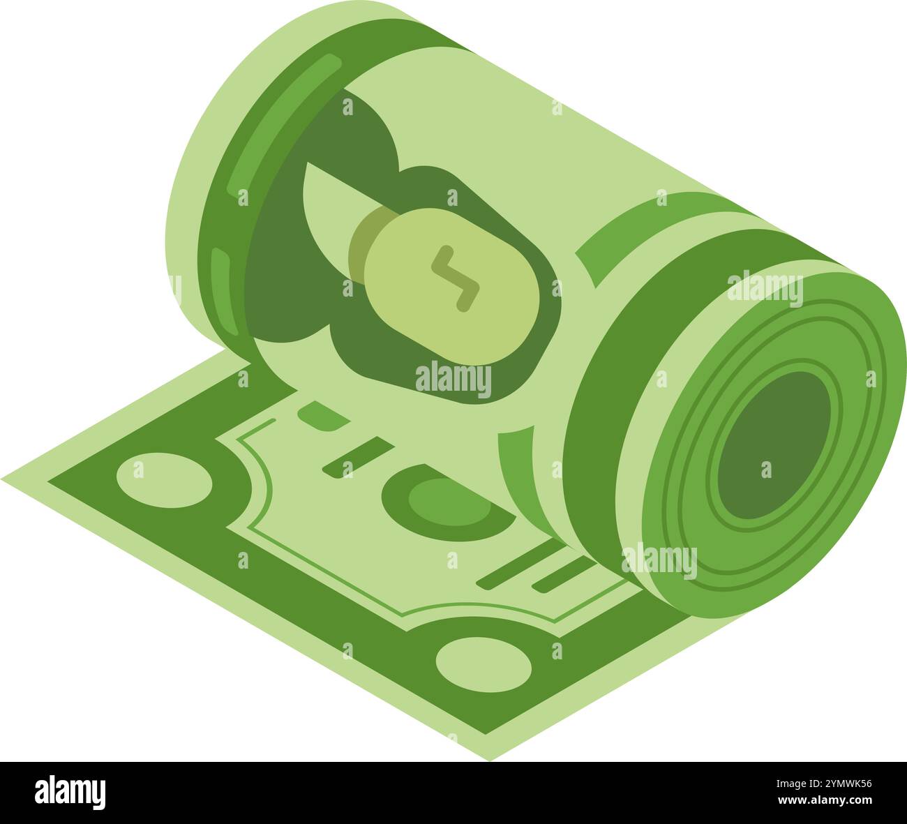 Rolled banknote is unrolling on another banknote, creating an ...