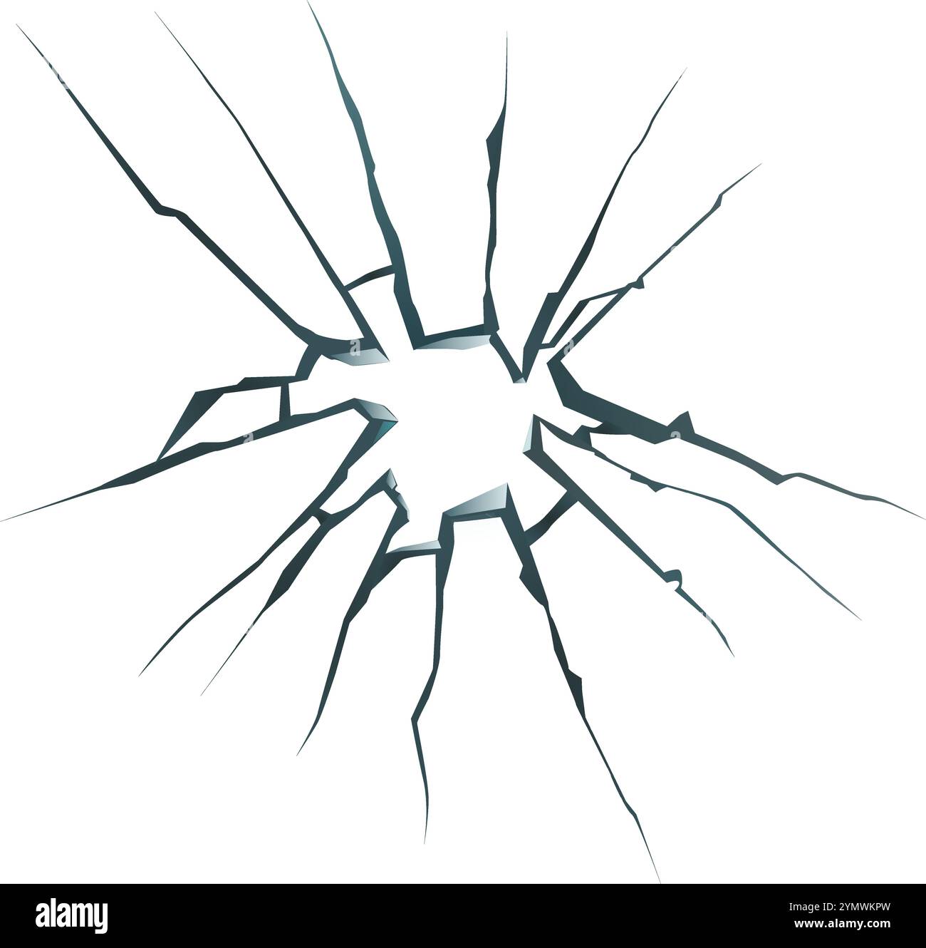 Sharp cracks radiating outwards from a hole in a broken pane of glass ...