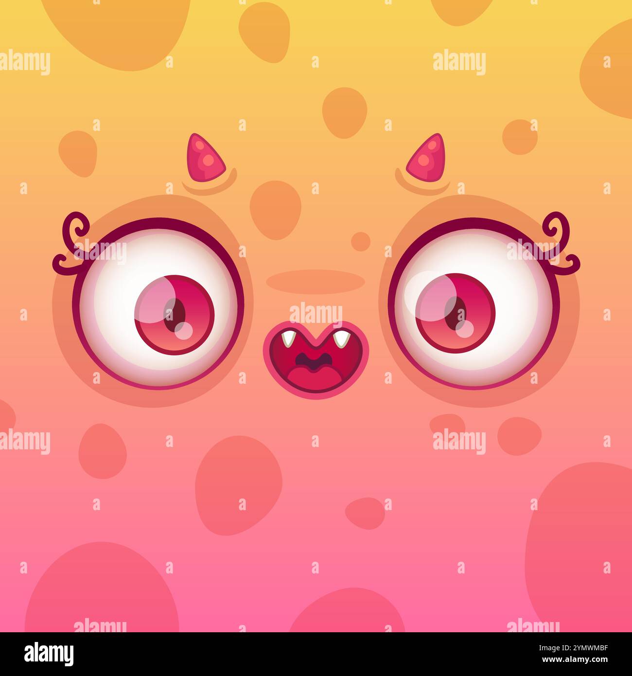 Cartoon vector illustration of a funny pink monster face with big eyes ...