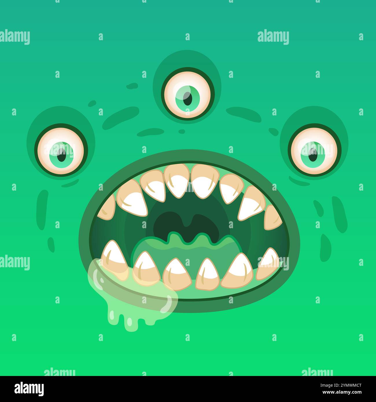 Scary green monster with three eyes, drooling and baring its teeth ...