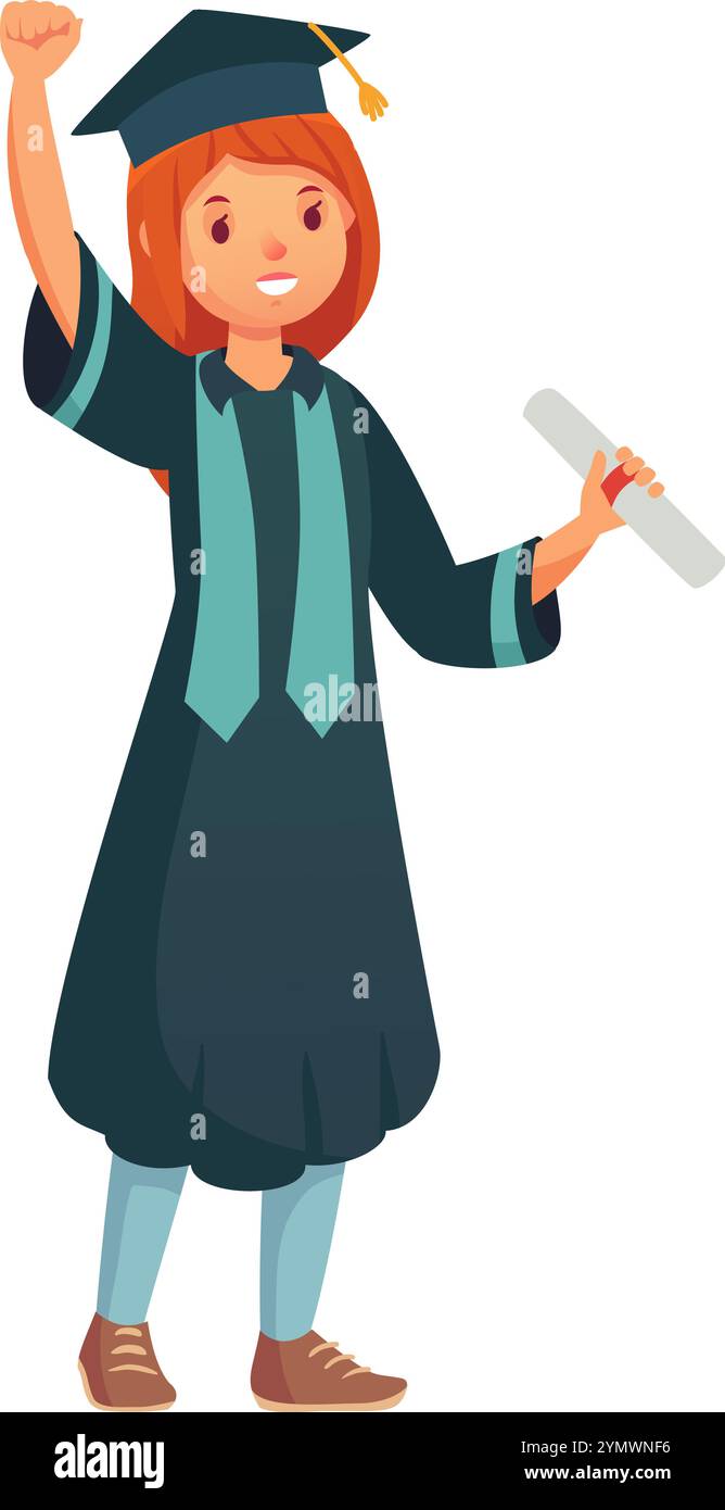 Young graduate wearing academic dress and mortarboard raising fist ...