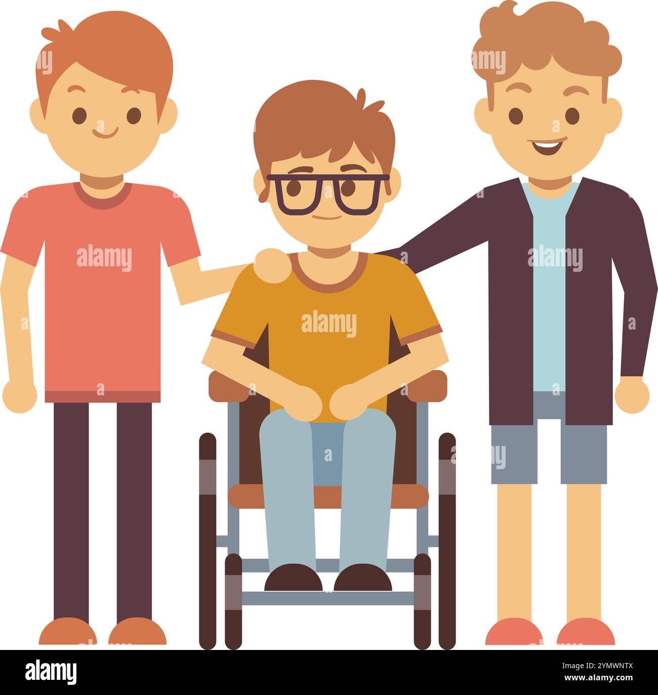 Disabled boy in wheelchair with friends. Happy diverse people Stock ...